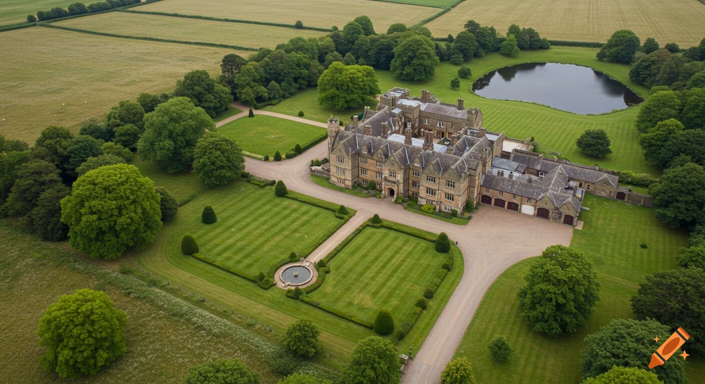 Aerial view of a vast Tudor estate with grounds and lake on Craiyon
