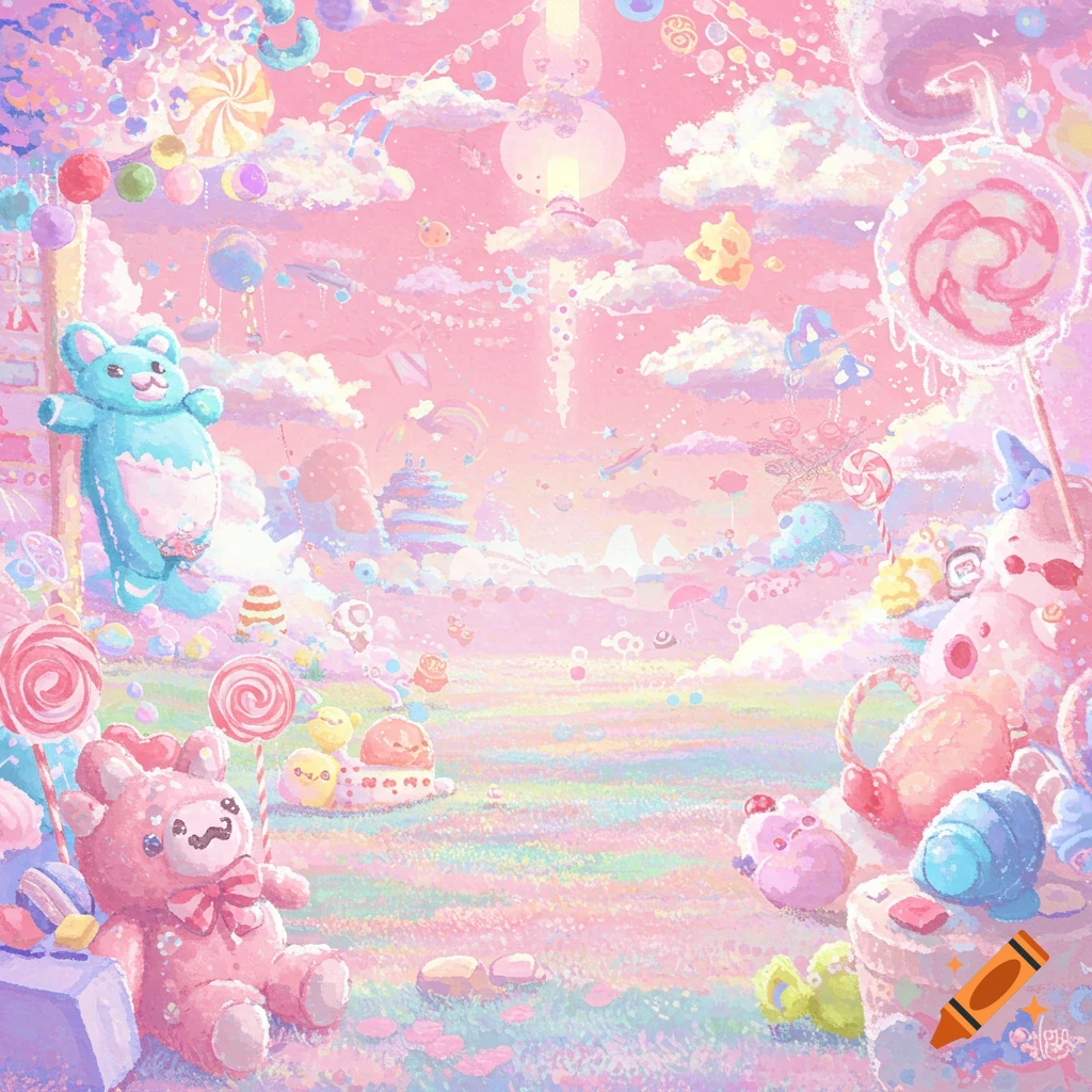 Pastel Dreamcore landscape with clouds, giant candy, and stuffed toys ...