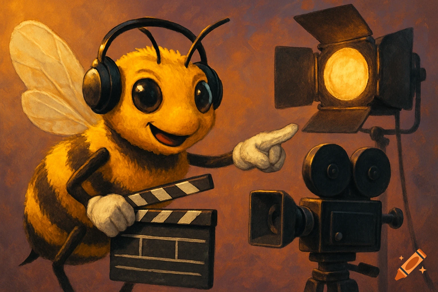 Cartoon bee in headphones with clapboard directing movie camera and ...