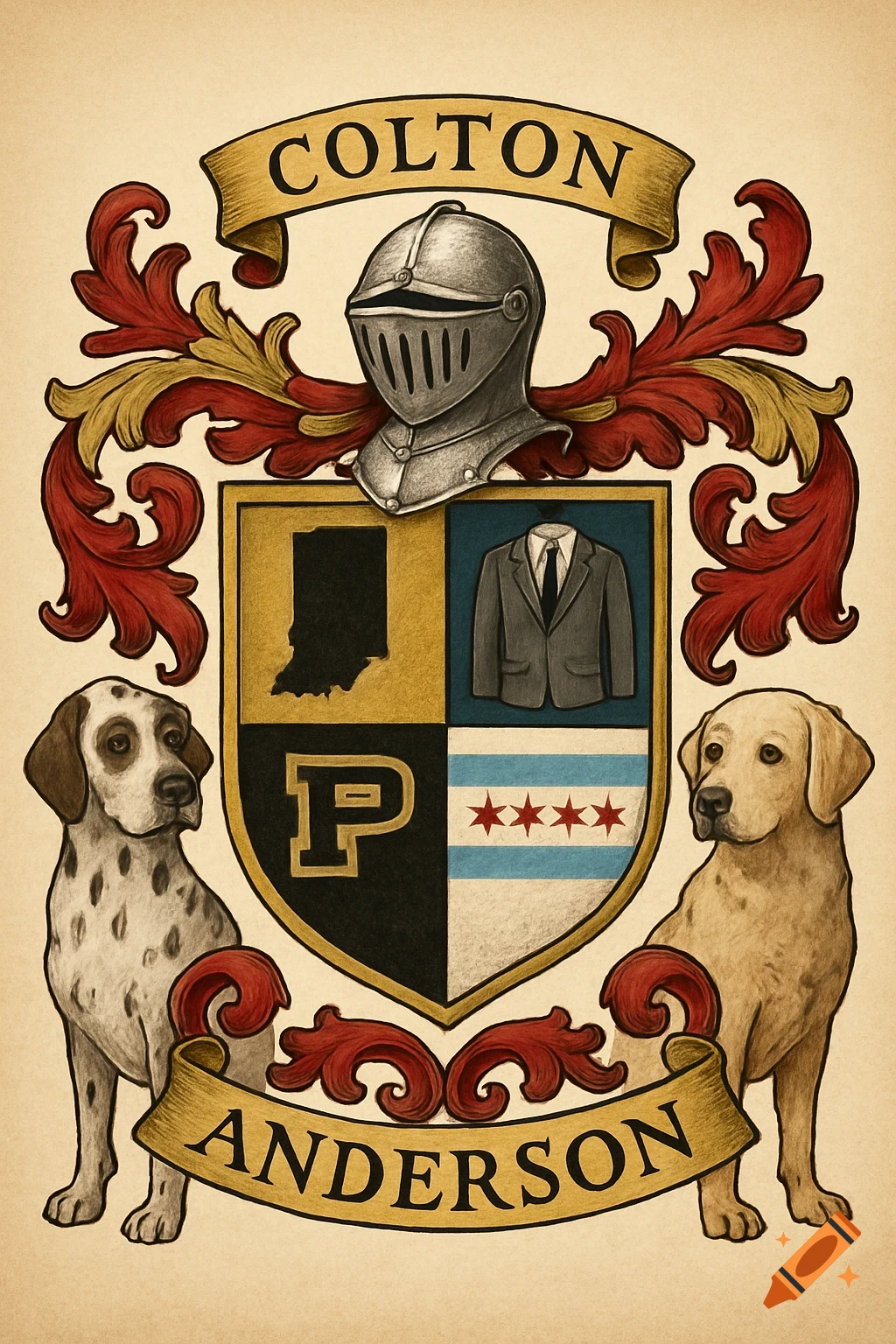 Illustration of a family crest with 'COLTON' and 'ANDERSON' banners, a ...