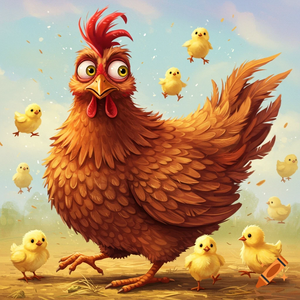A cartoon hen with wide, frantic eyes looks frazzled while surrounded ...