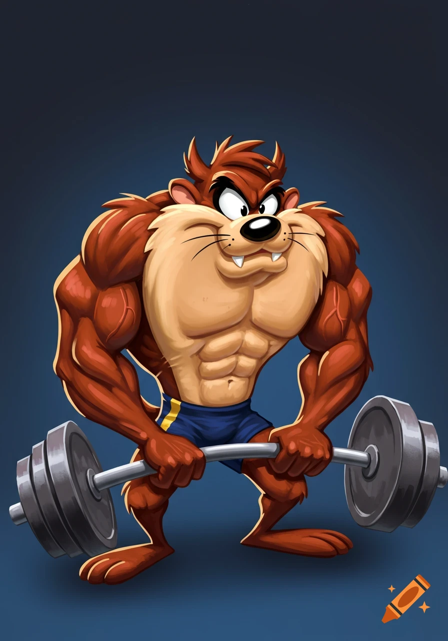Cartoon character Taz lifting a barbell, muscular build, illustrative ...