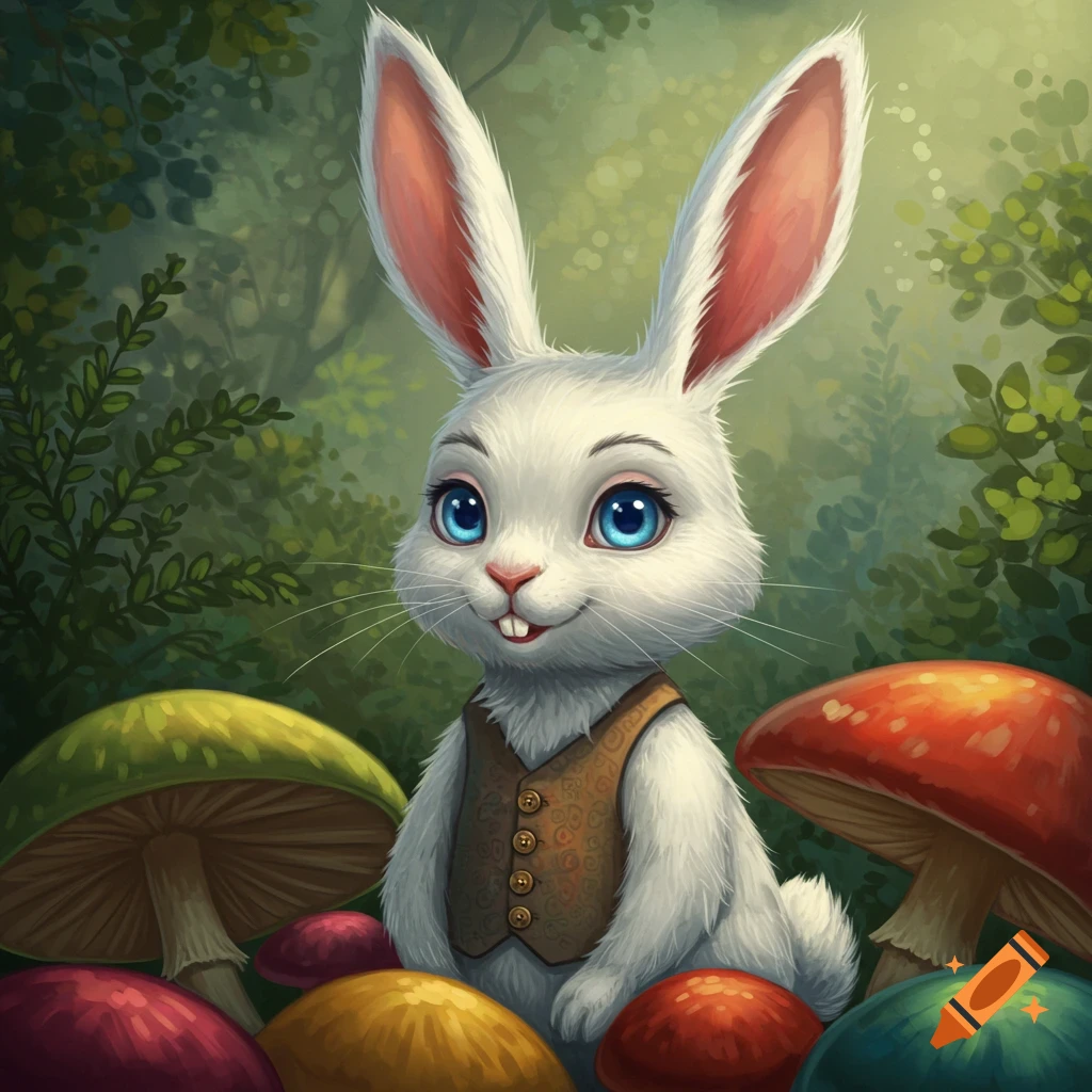 A cute white rabbit wearing a vest sits among colorful mushrooms in a ...