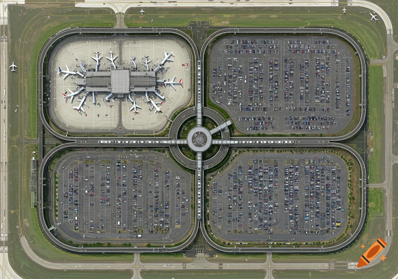 Aerial view of a large airport complex with terminal, runways, parking ...