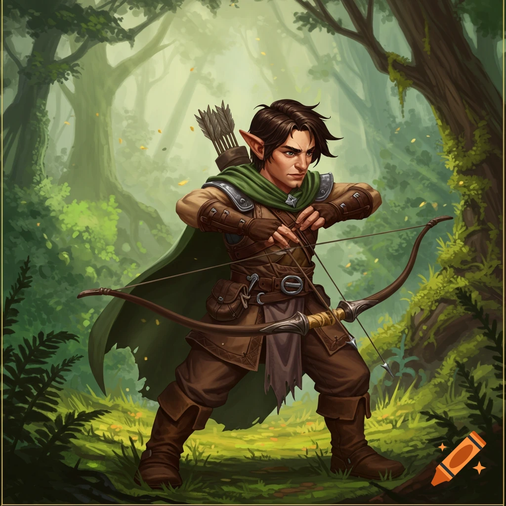A male fantasy ranger with a bow in a forest. on Craiyon