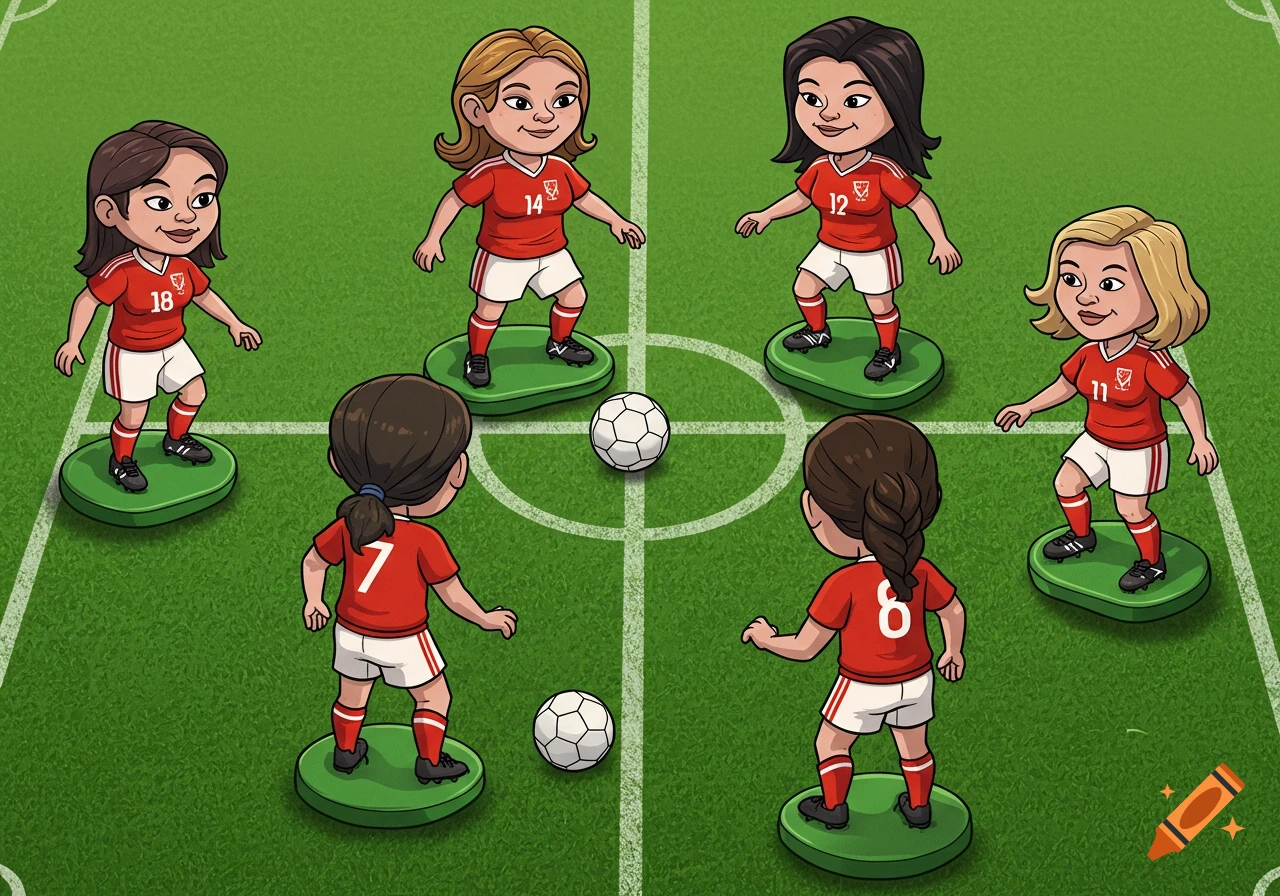 Cartoon female soccer players on a field in red kits. on Craiyon