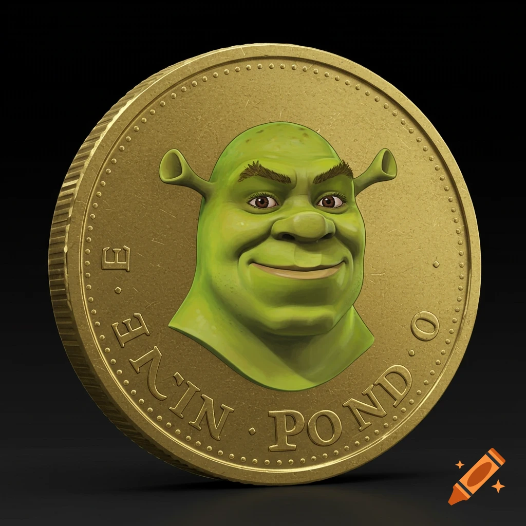 Shrek's face depicted on a large, golden coin with text around the edge ...