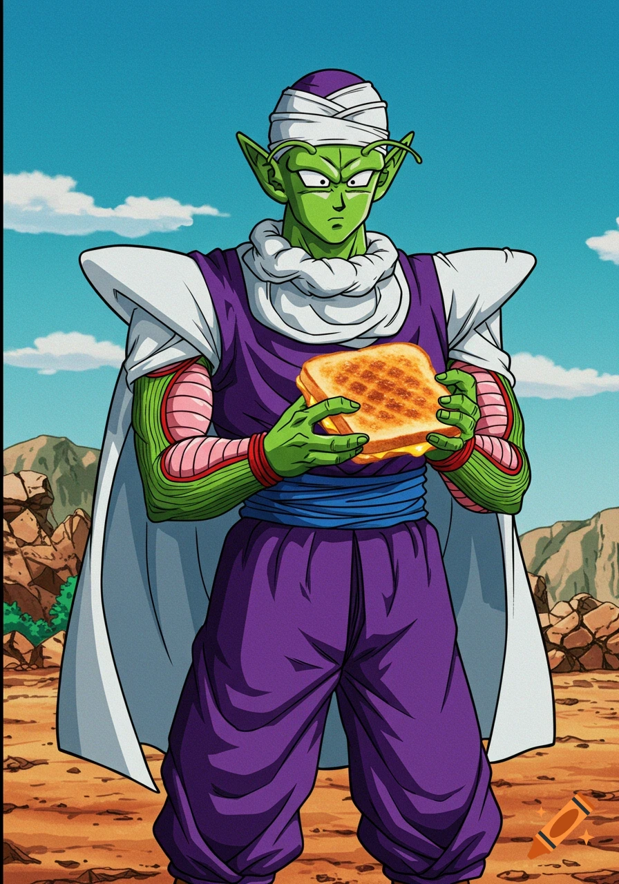 Piccolo from Dragon Ball Z holding a grilled cheese sandwich in a ...