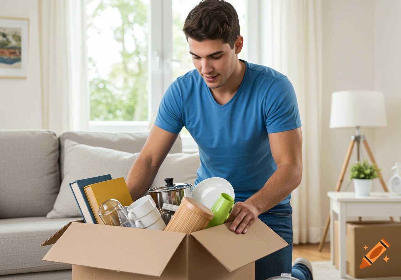 A man packing household items into a cardboard box in a room. on Craiyon