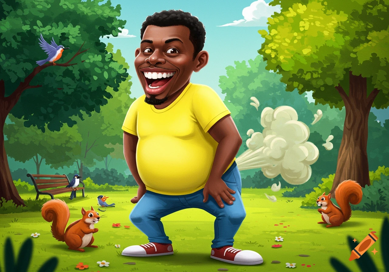 Cartoon Black man farting in a park, scaring squirrels and birds. on ...