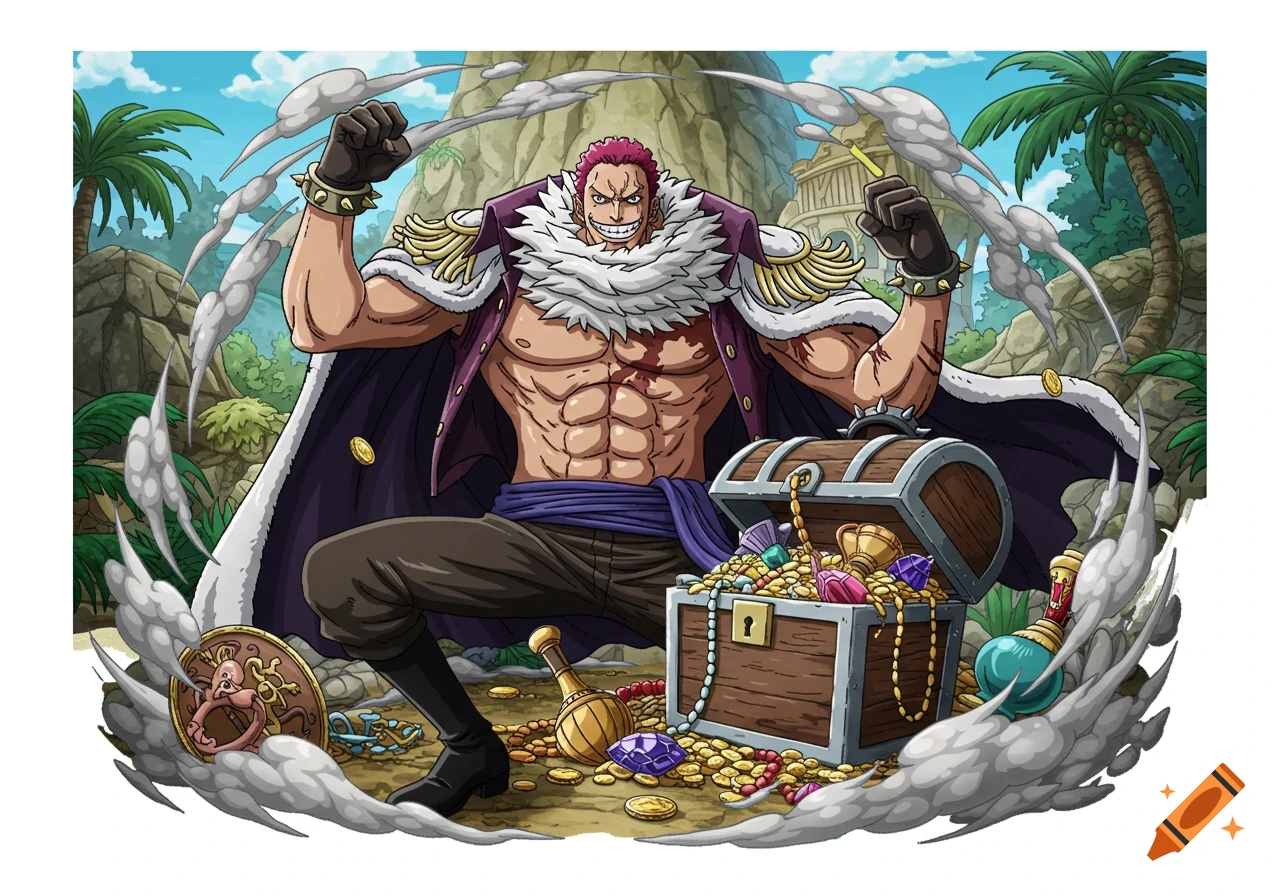 Charlotte Katakuri from One Piece standing over a chest of treasure in ...
