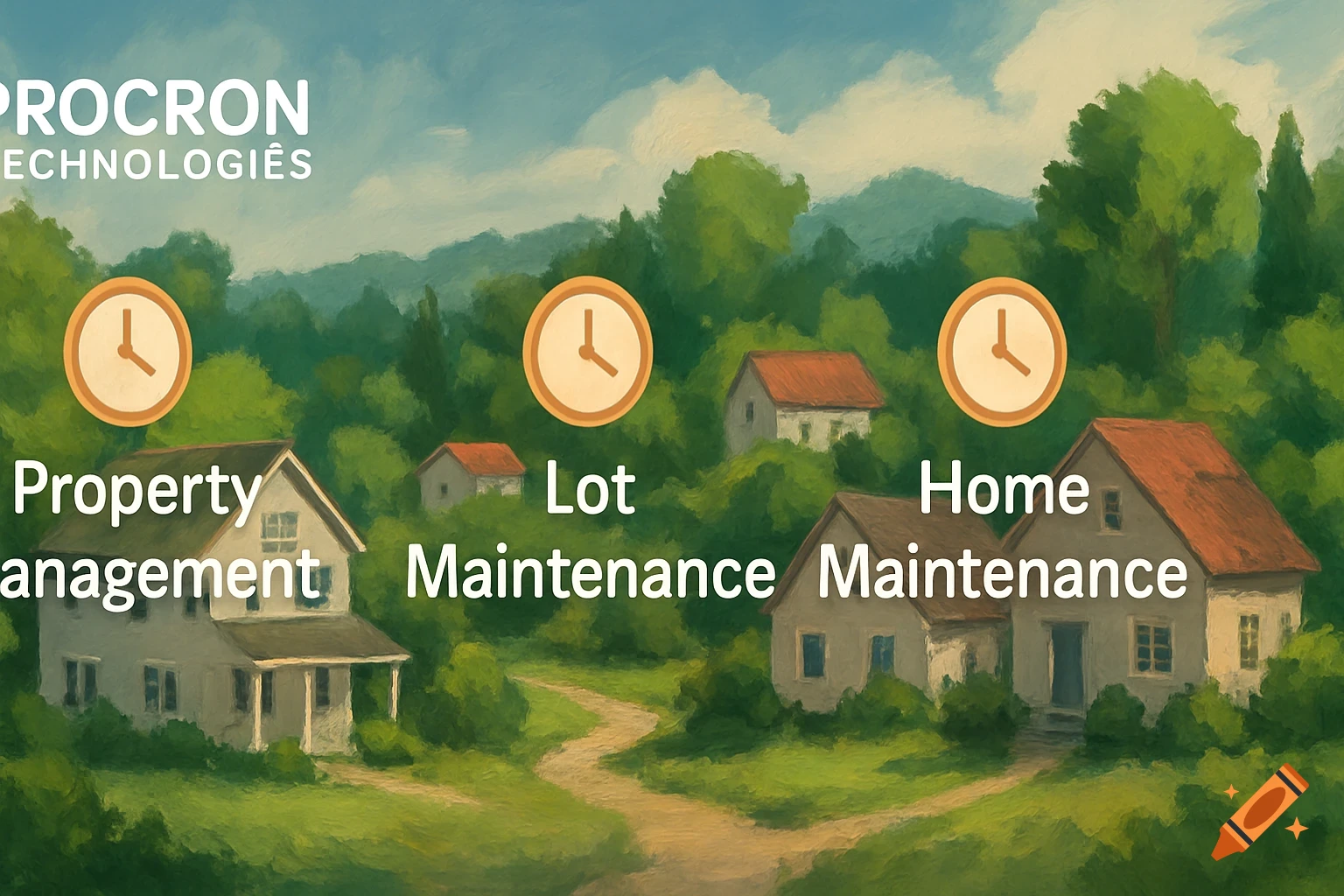 Painterly landscape with houses, clocks, and text Procron Technologies, Property Management, Lot ...
