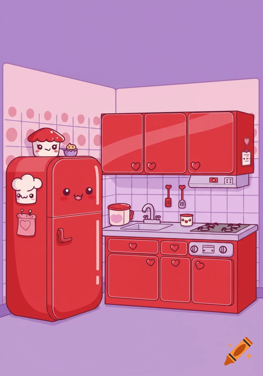 Cute kawaii red and purple kitchen with anthropomorphic fridge and ...