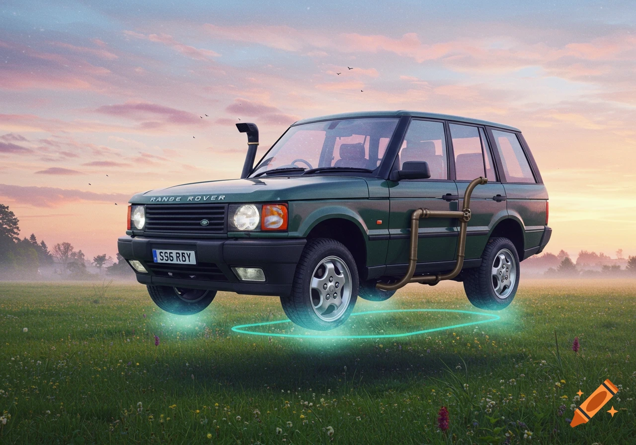 Green Range Rover floating above a field with a glowing ring at sunset ...