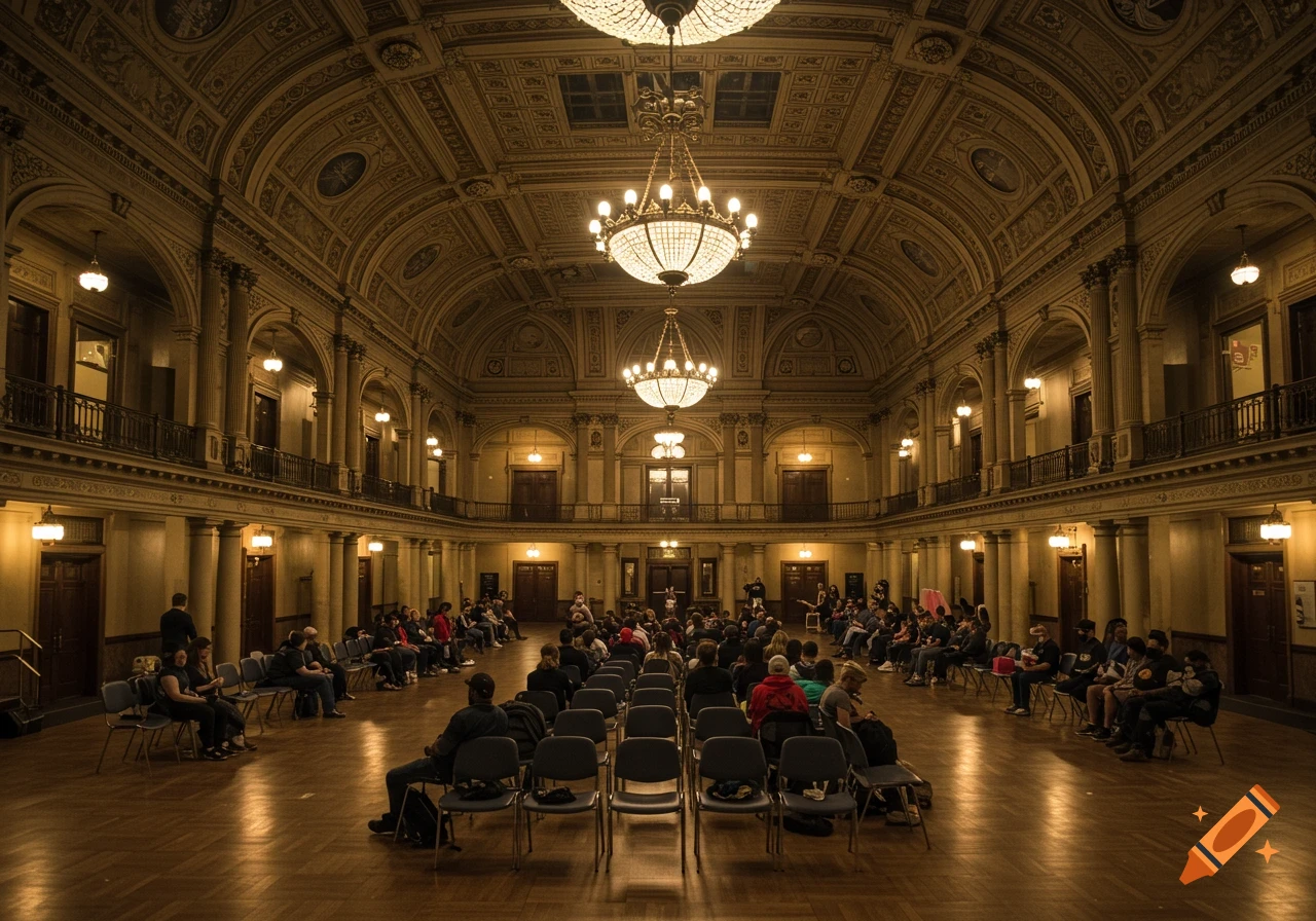People sit in rows of chairs inside a large, ornate ballroom with ...