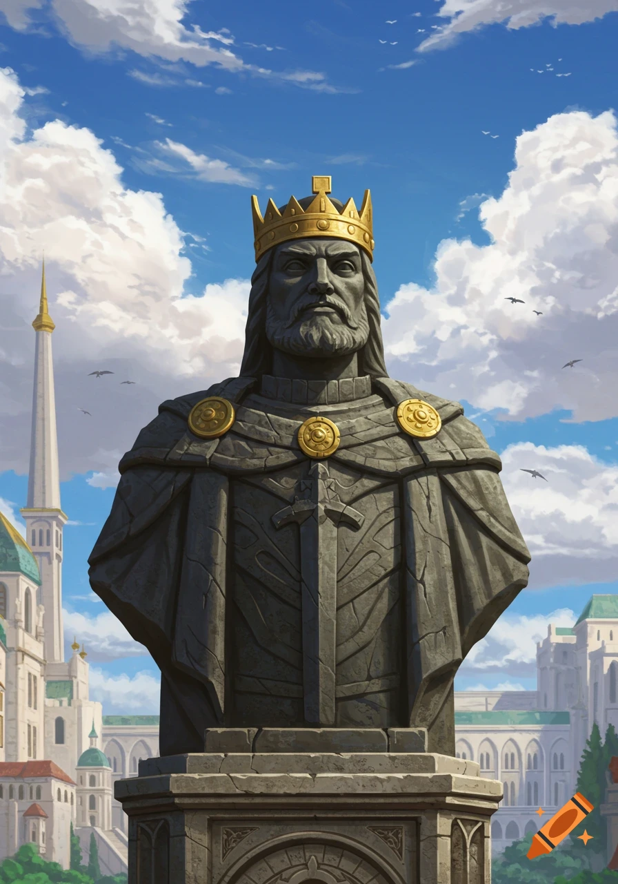 Stone statue of a king wearing a gold crown in front of a fantasy city ...