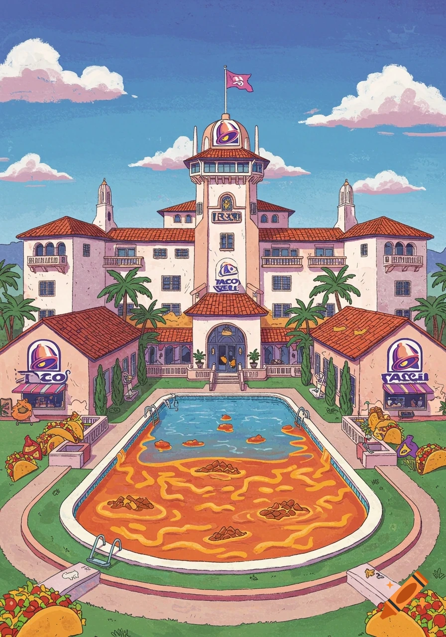 Illustration of a Taco Bell mansion with a pool of sauce, surrounded by ...