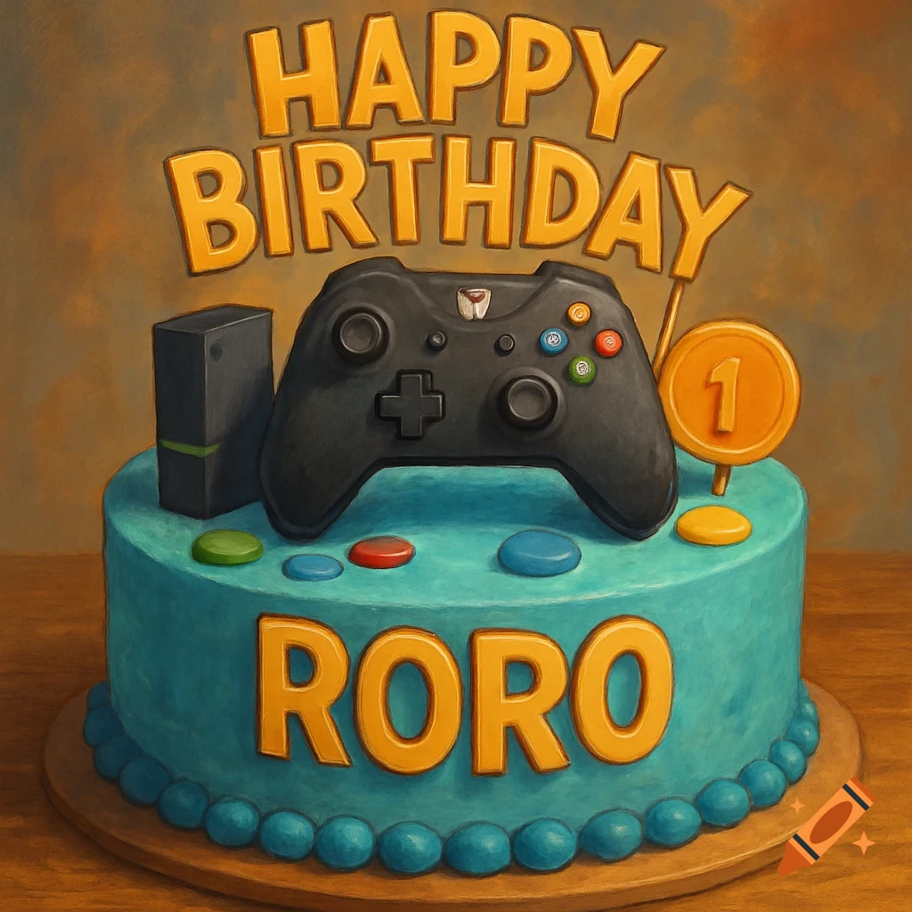 A gaming-themed birthday cake topped with a controller and a console ...