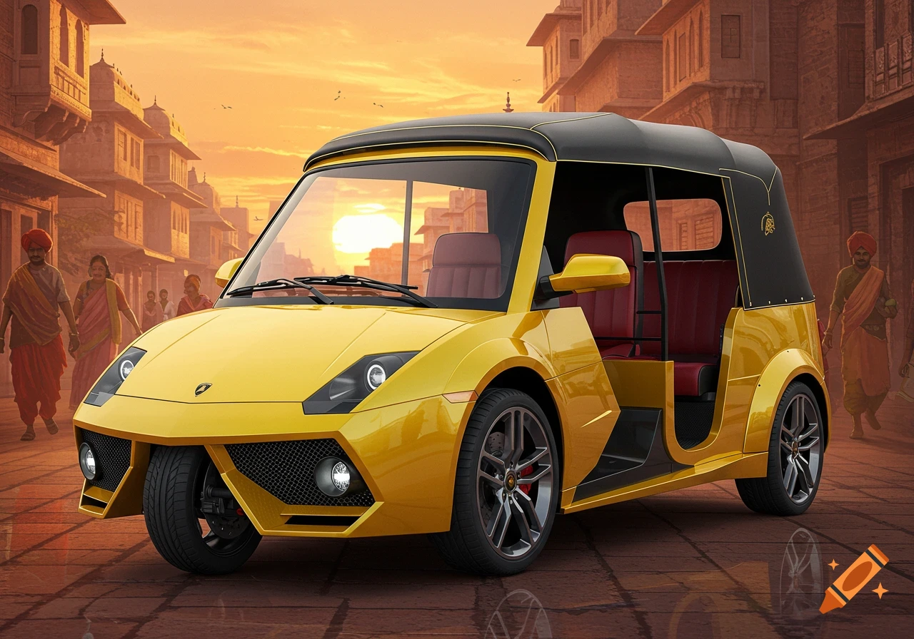 A yellow futuristic rickshaw sits on a street in India with people and ...
