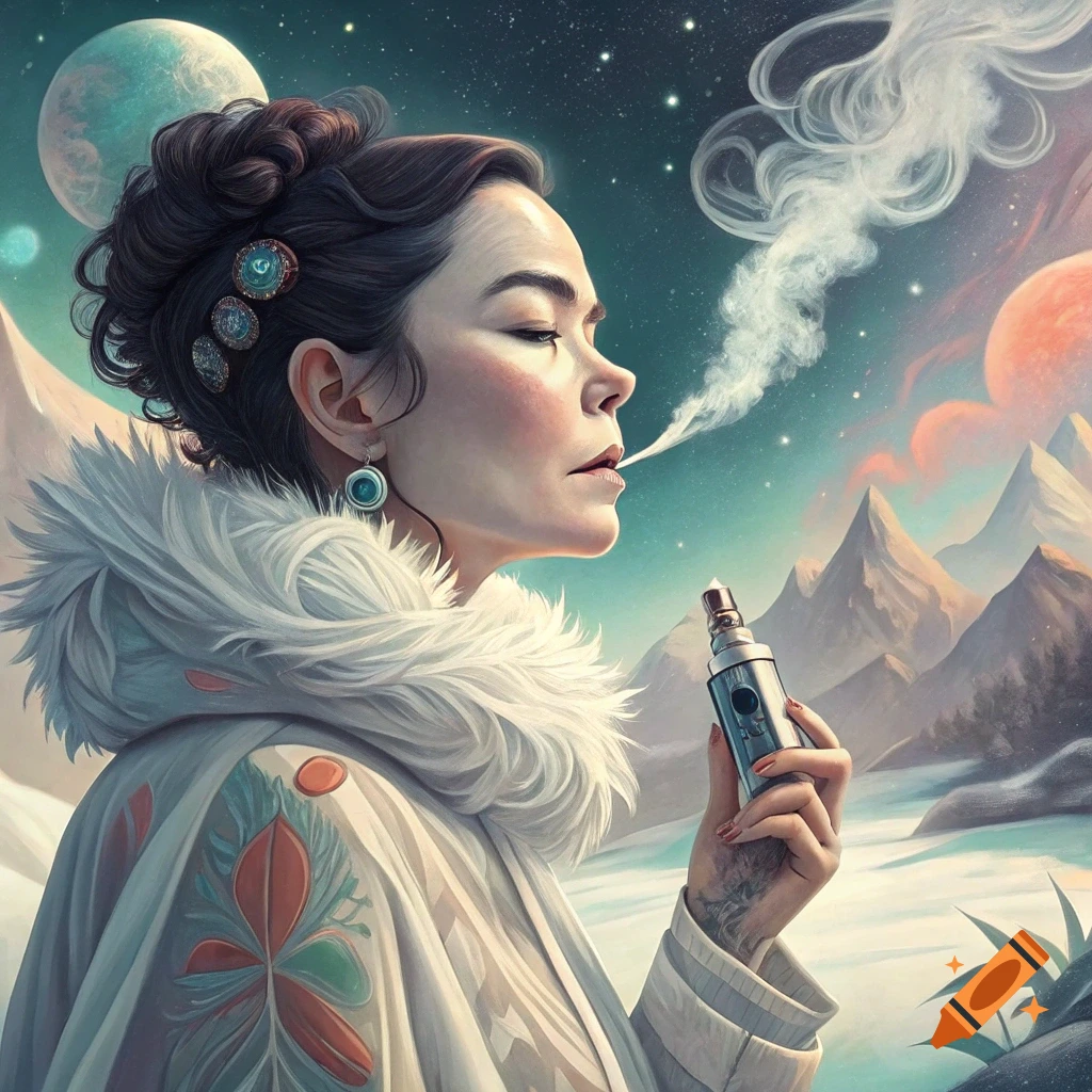 Portrait of a person vaping in a surreal snowy mountain landscape with ...