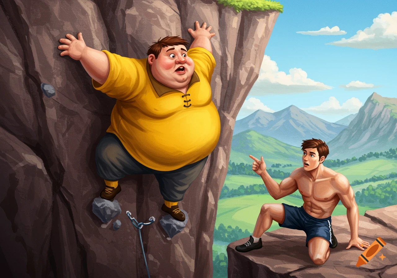 Cartoon illustration of a large man struggling rock climbing while a muscular man advises him ...