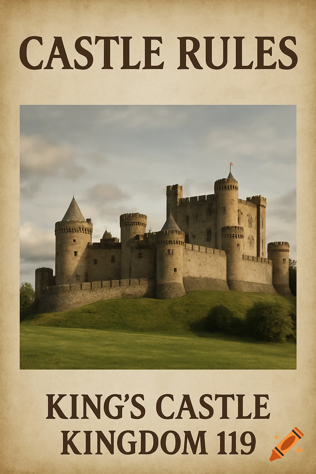 Poster with 'CASTLE RULES' above a realistic castle and 'KING'S CASTLE ...