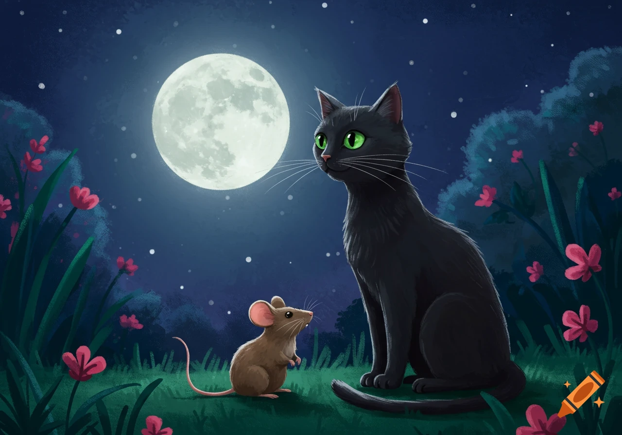 A cartoon black cat and a mouse sit in grass under a full moon at night ...