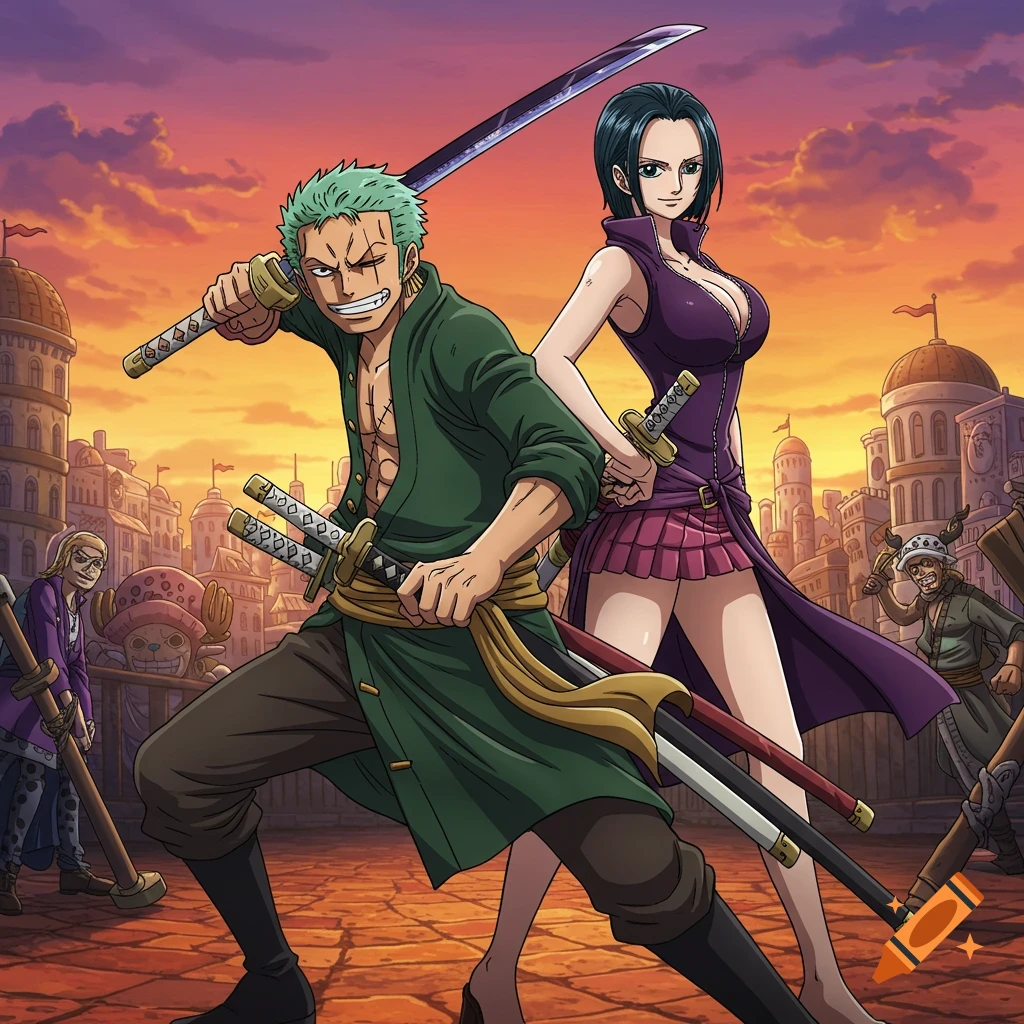 Anime image of Zoro and Robin from One Piece with swords in a city ...