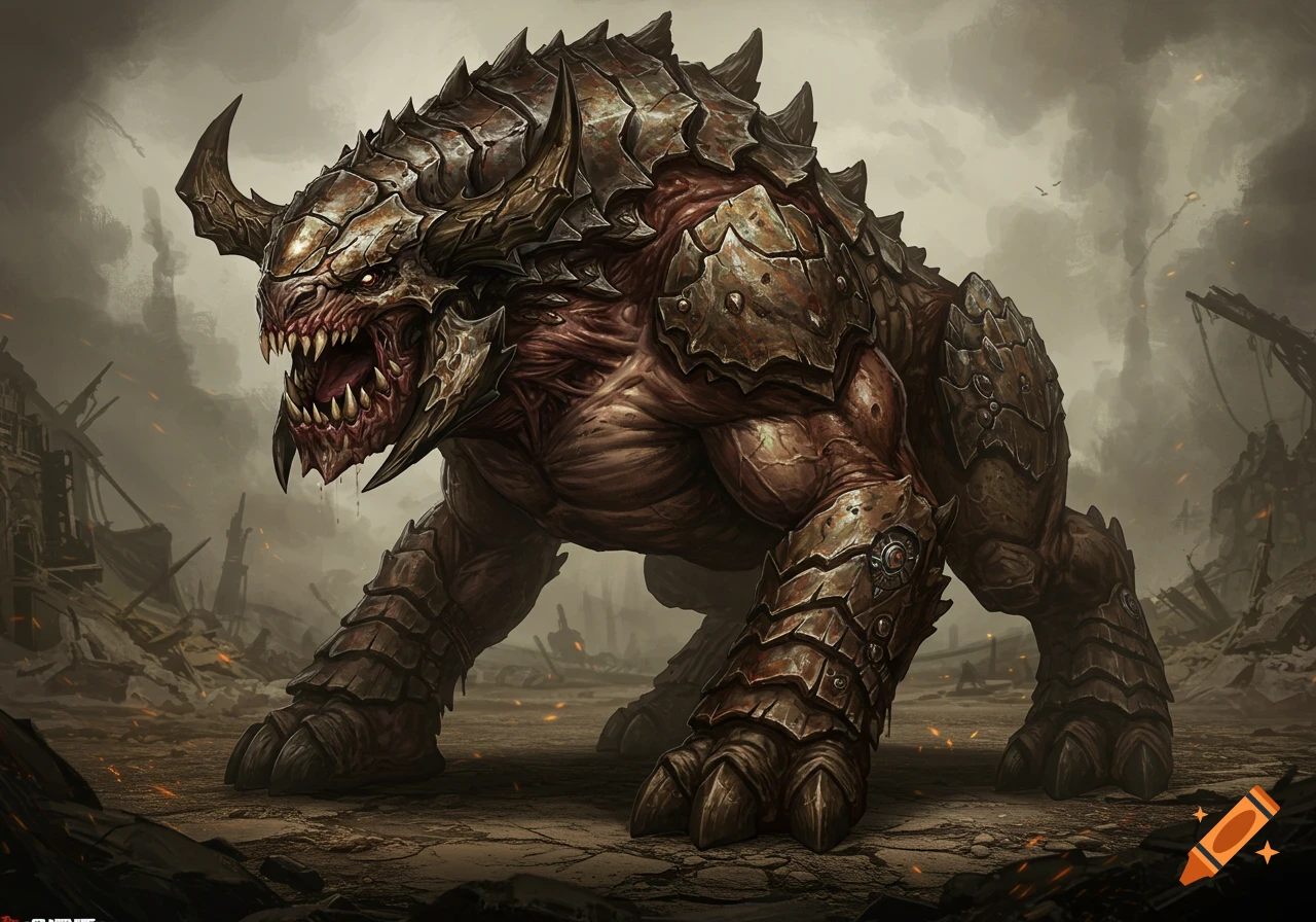 A large, armored monster stands in a ruined landscape, in a video game ...