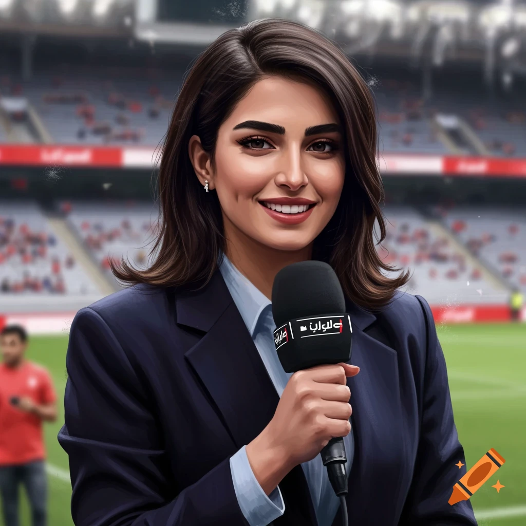 A woman sports reporter holding a microphone in a stadium. on Craiyon