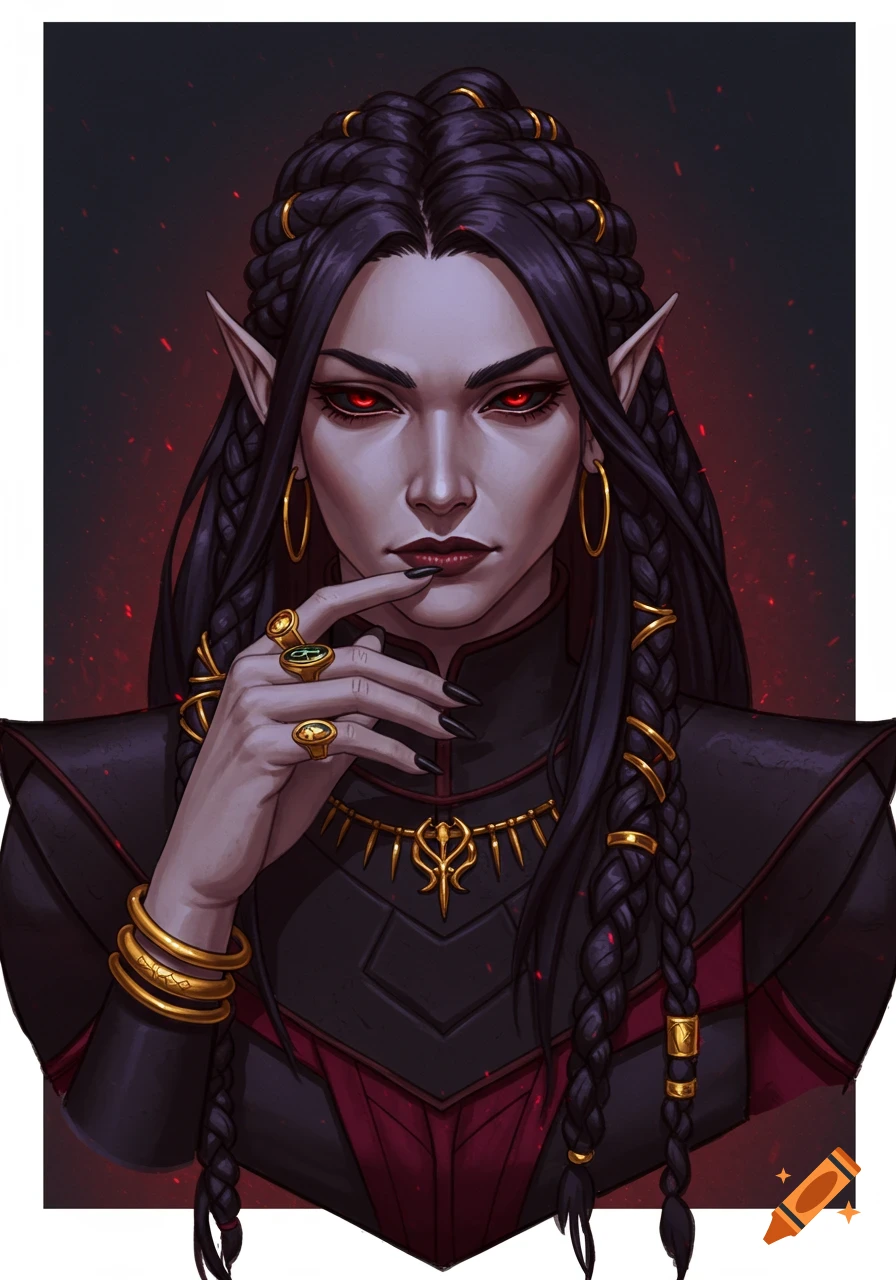 Digital painting portrait of a dark elf woman with braided hair, red ...