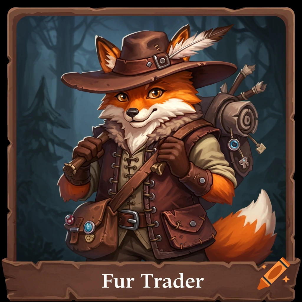 Cartoon fox character dressed as a fur trader in a fantasy style on Craiyon