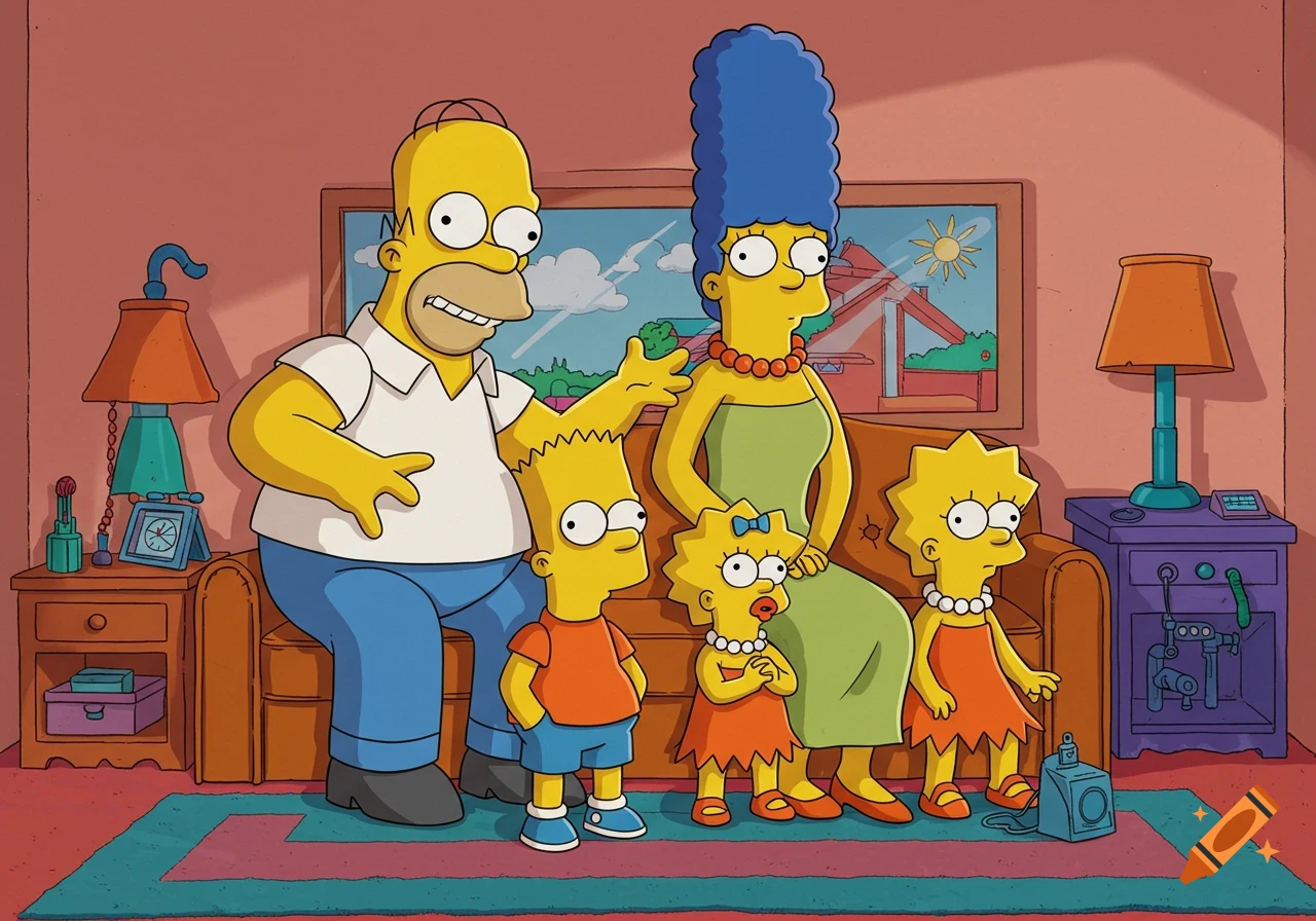 The Simpsons family, Homer, Marge, Bart, Lisa, and Maggie, sitting ...