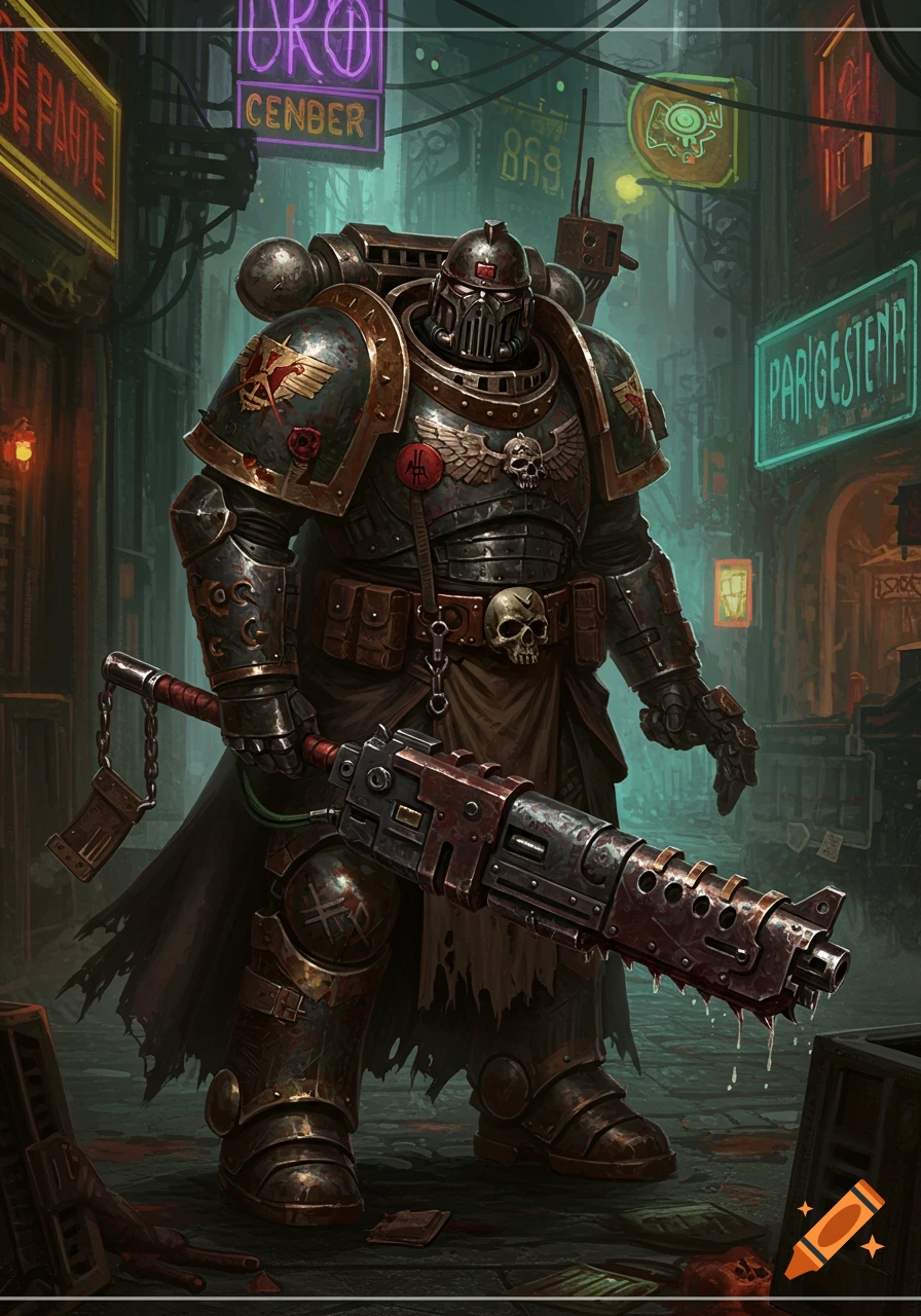 A figure in dark, futuristic power armor stands on a street with neon ...