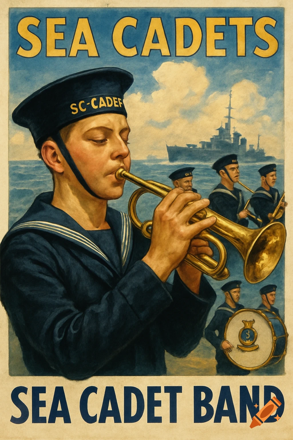 Vintage style poster of a young sea cadet playing a trumpet, with other ...