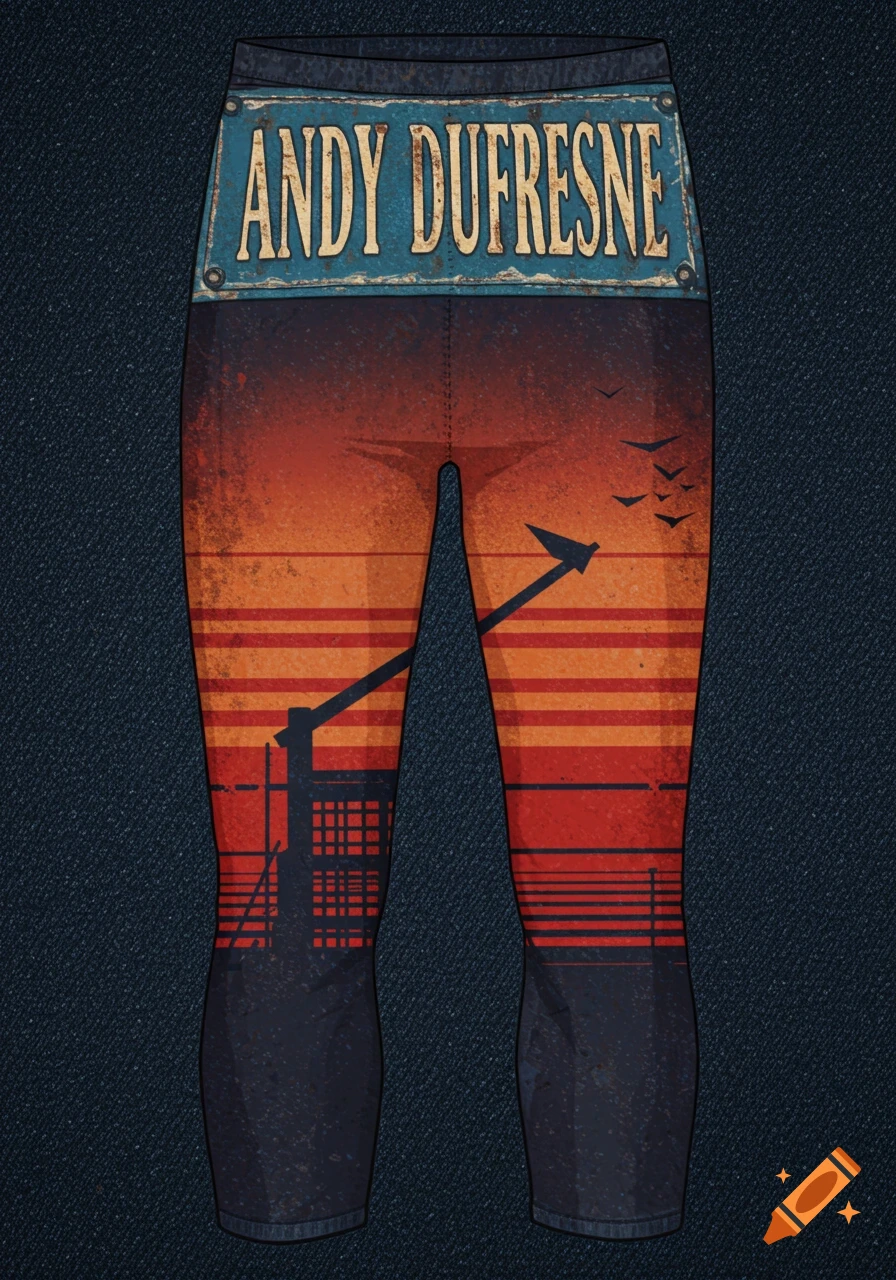 Wrestling tights with 'ANDY DUFRESNE' text and a sunset landscape ...