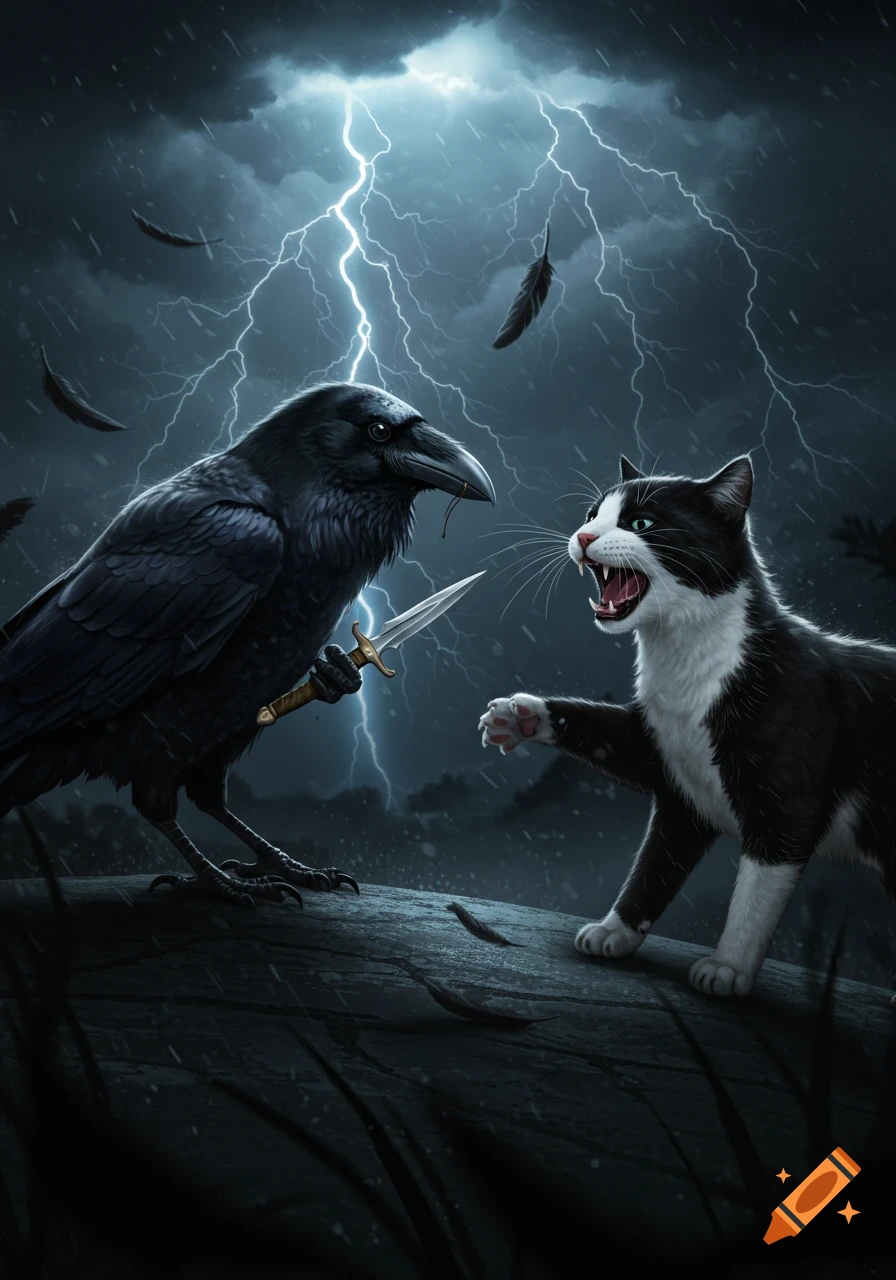 A black and white cat faces a raven with a dagger during a stormy ...