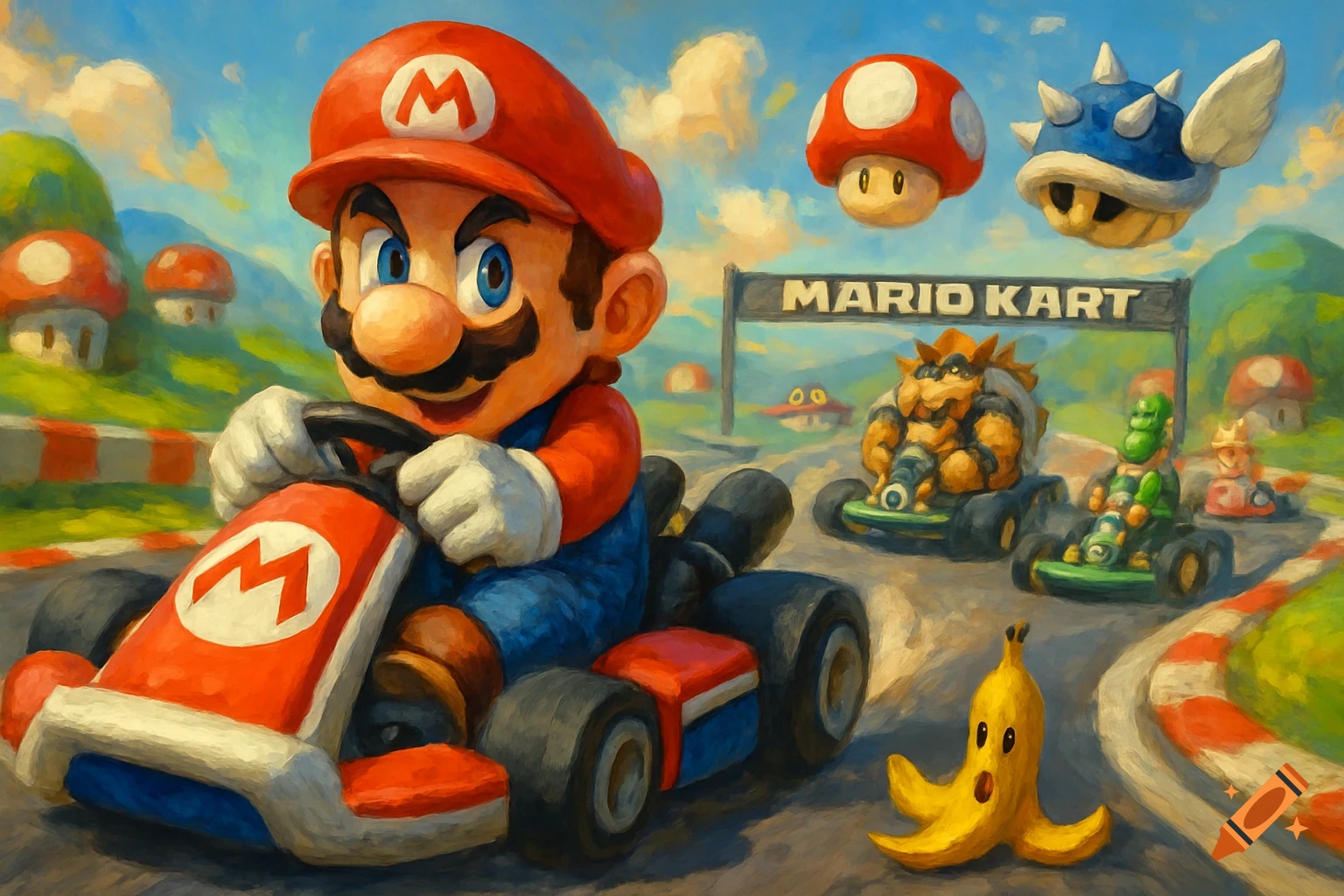 Mario races in a go-kart against other characters, with a banner reading "MARIO KART". Painterly ...