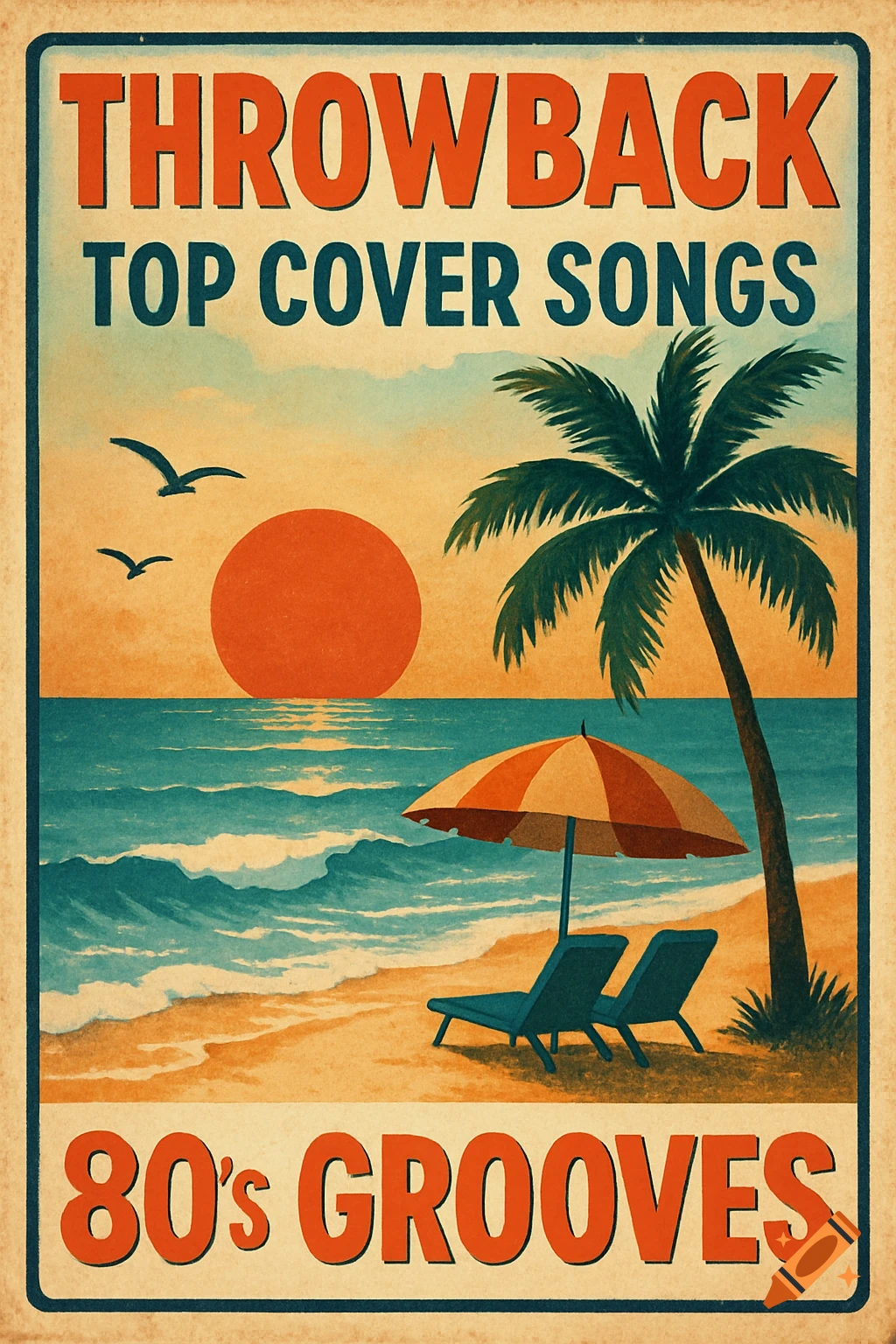 Retro-style poster of a beach at sunset with text reading 'Throwback ...