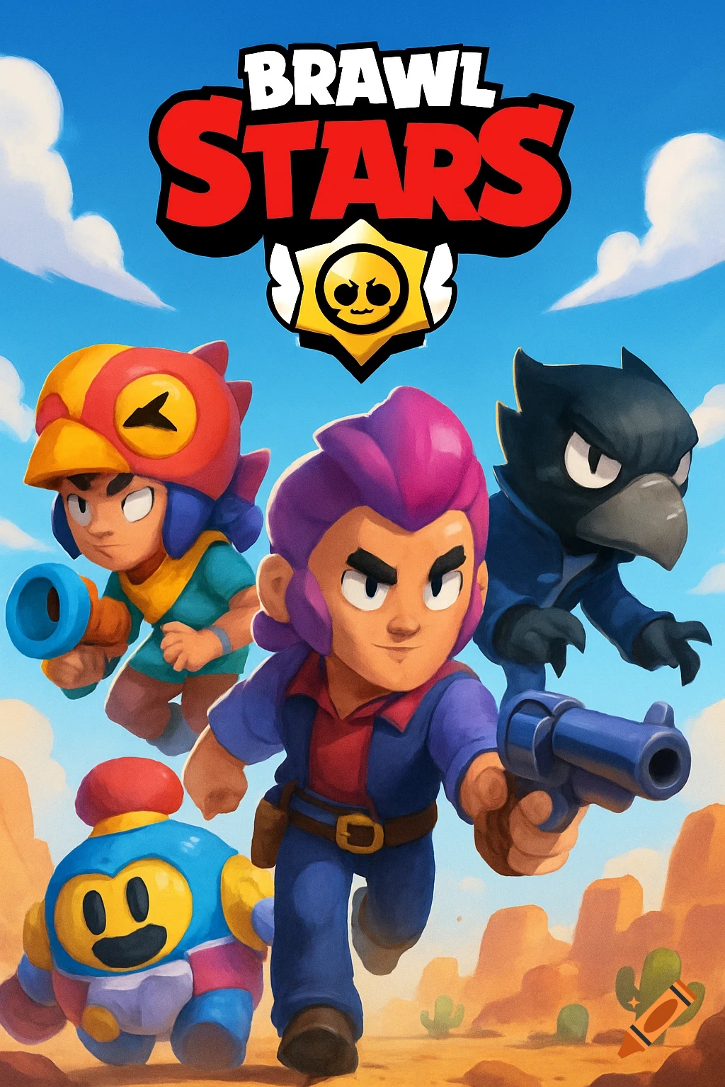 Brawl Stars logo above characters running through a desert landscape ...