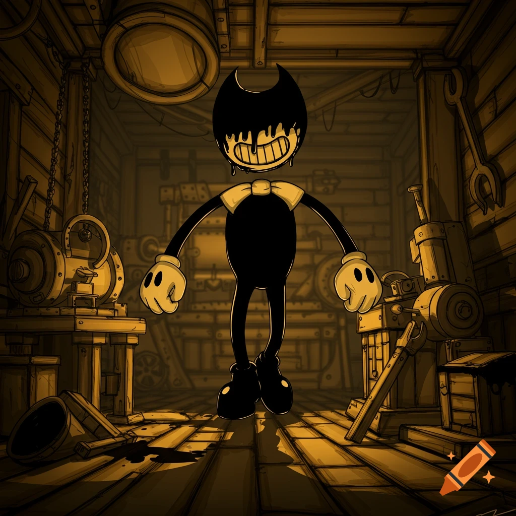 A cartoon ink demon character stands in a workshop setting with a ...