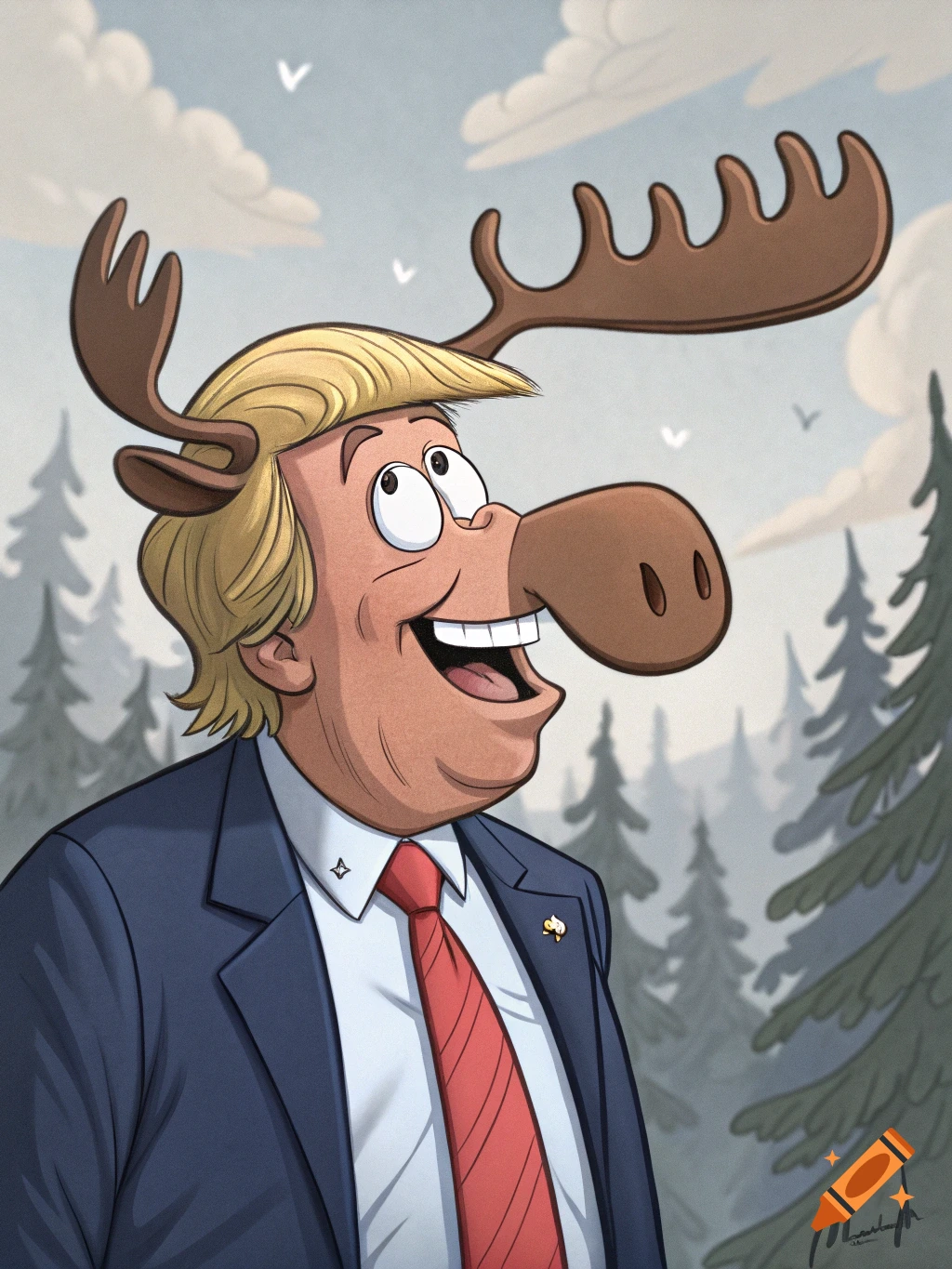 Cartoon caricature of Donald Trump as a moose wearing a suit and red ...