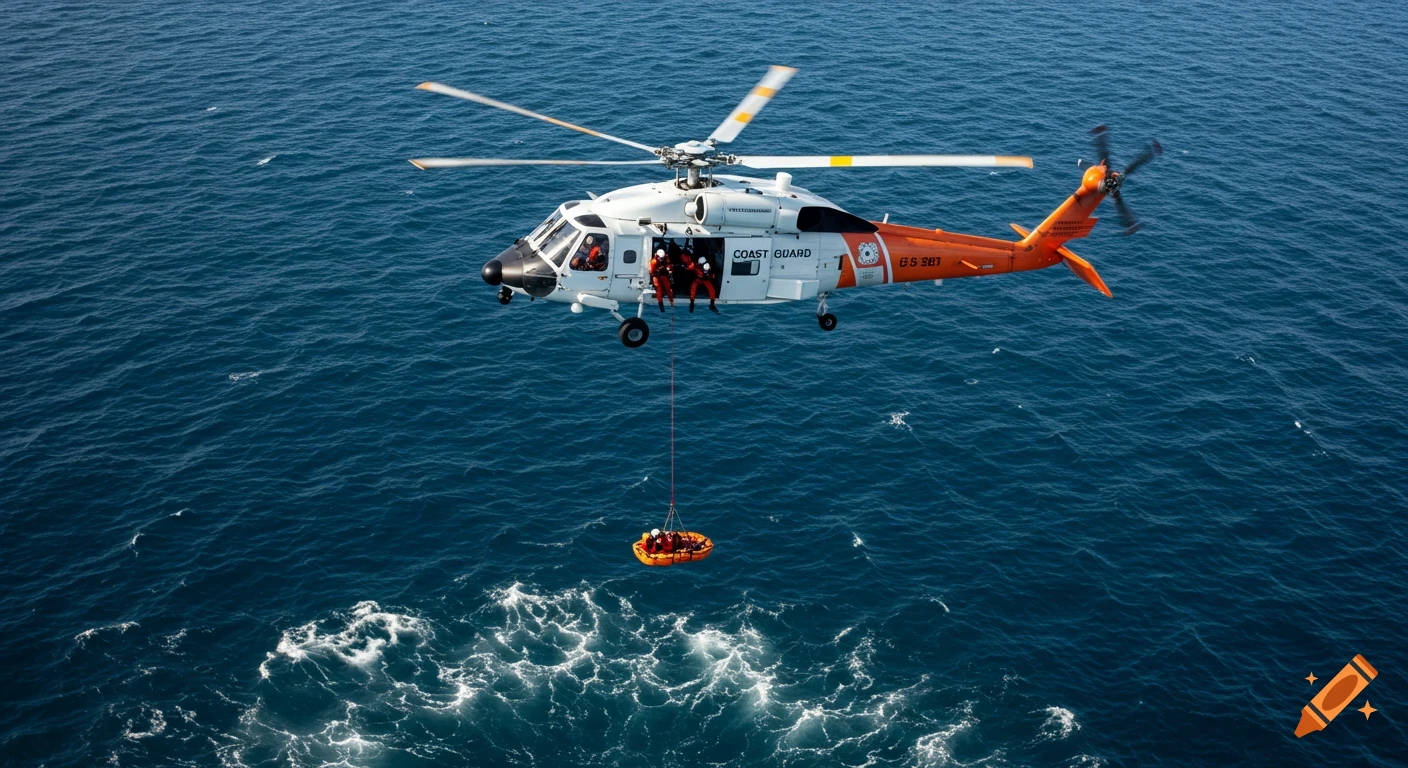 A US Coast Guard helicopter hovers over the ocean, lowering a rescue ...