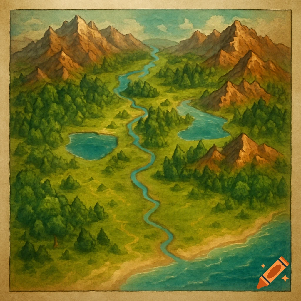 A vibrant, painted fantasy map showing mountains, forests, rivers ...