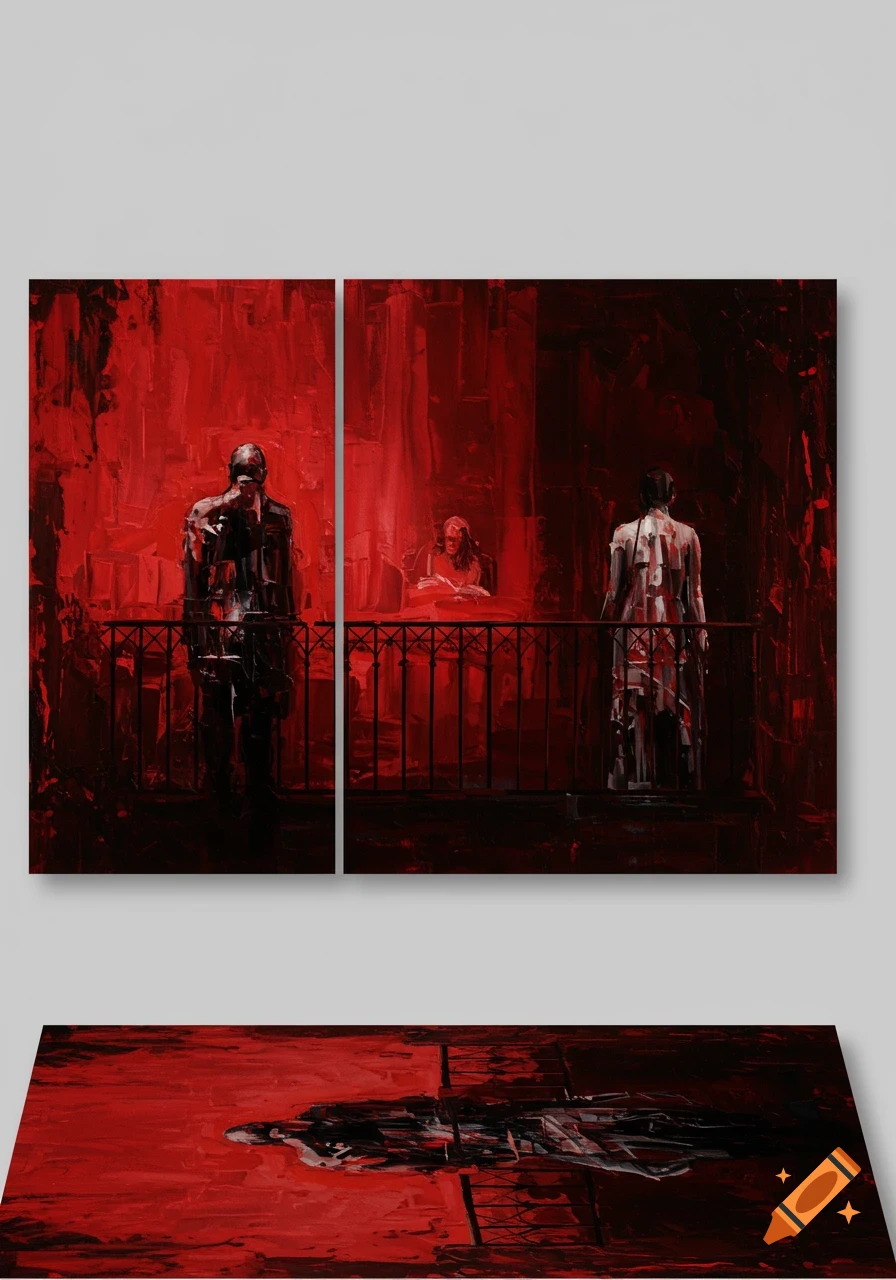 Abstract painting triptych in red and black with distorted figures and ...