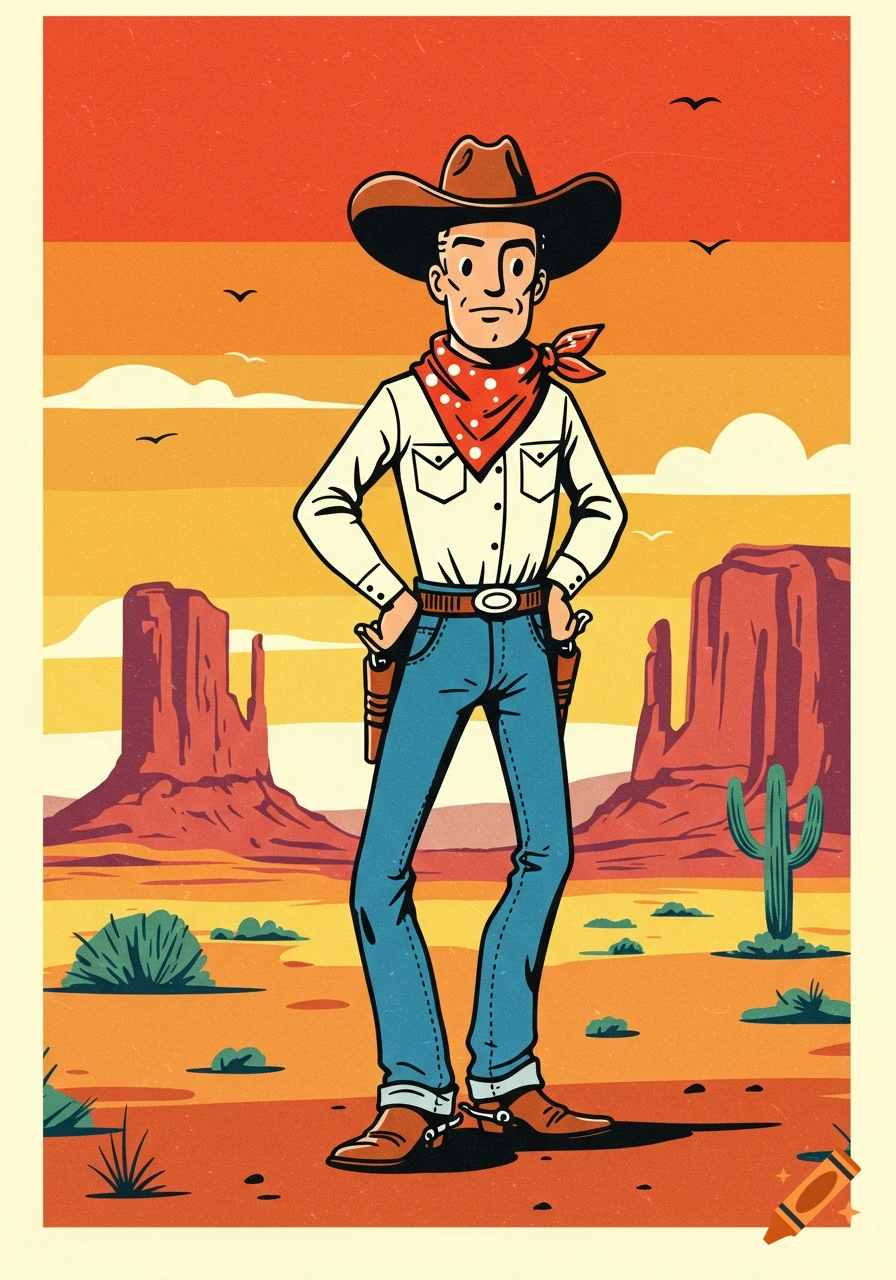 A mid-century modern cartoon of a cowboy in a hat and bandana standing ...