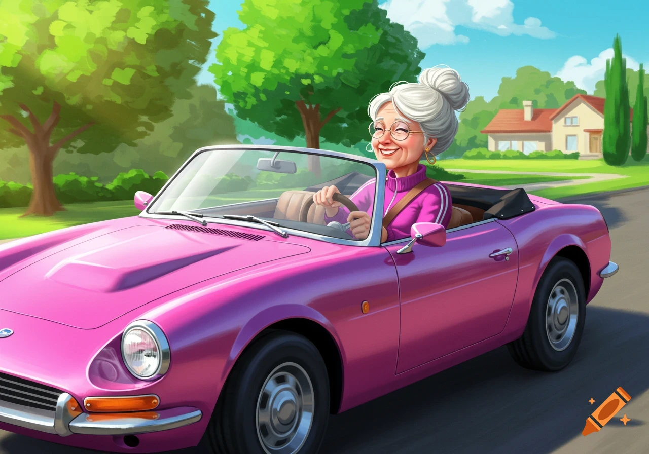 Cartoon illustration of a smiling grandma driving a pink sports car on ...