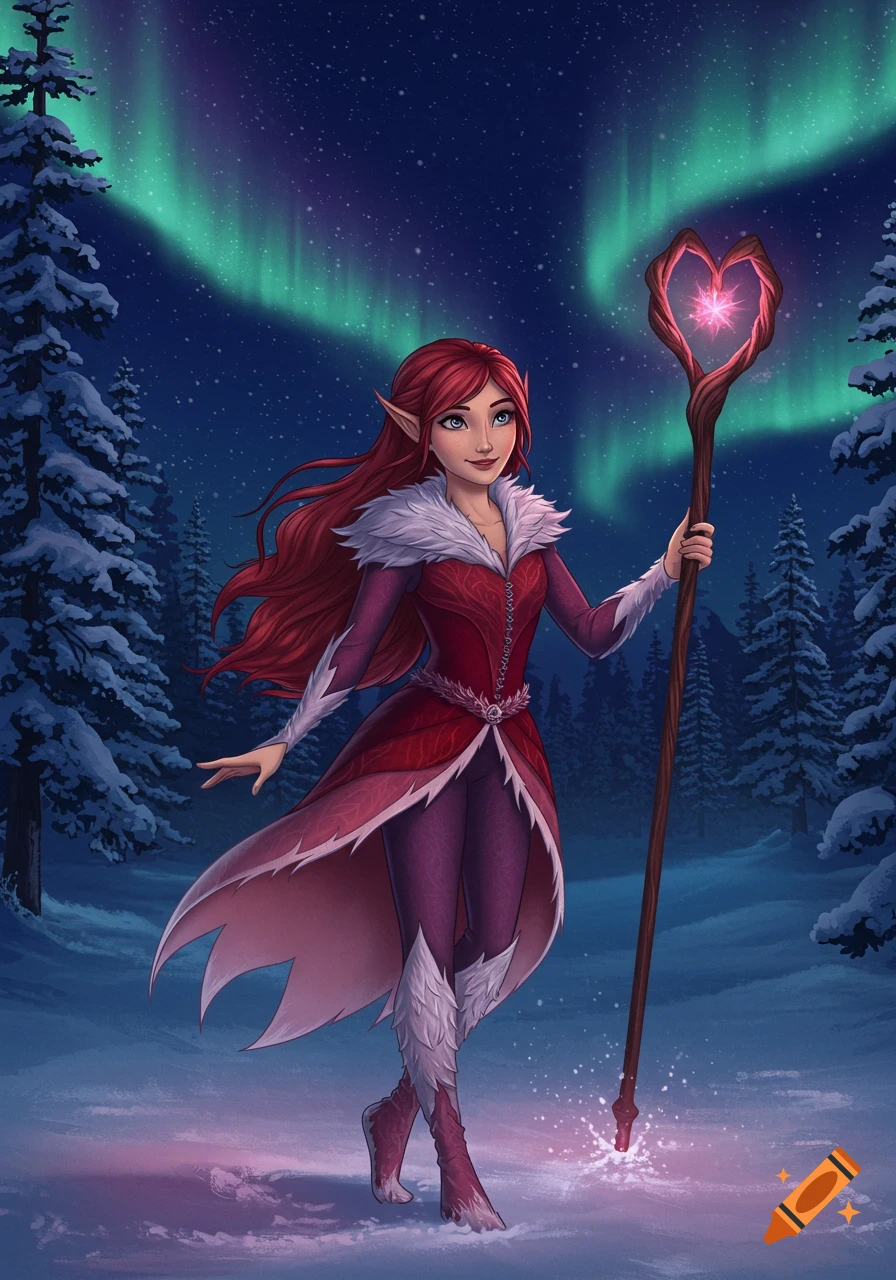 A fantasy character with red hair, elf ears, and a red winter dress ...