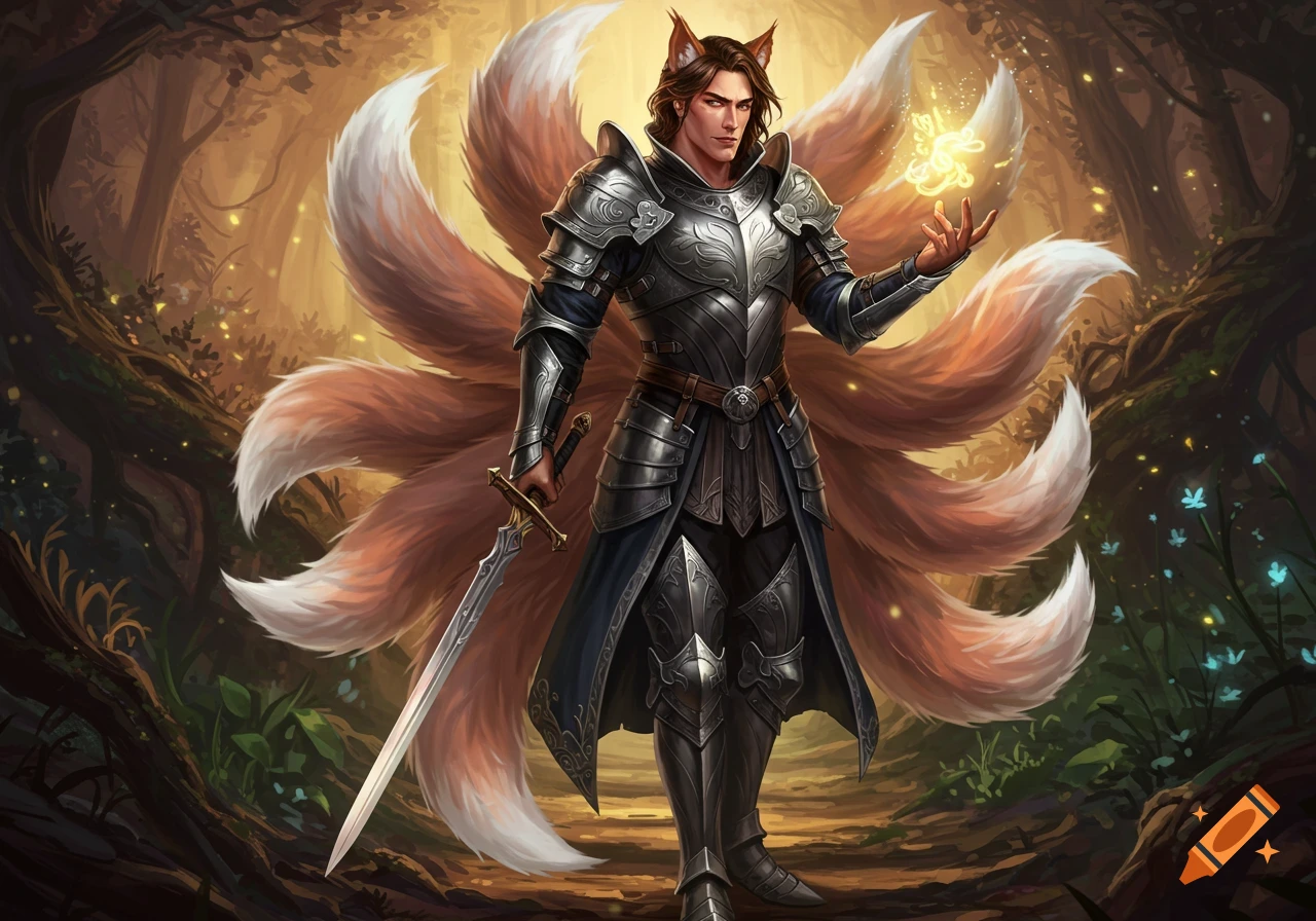 A kitsune warrior in ornate armor stands in a forest, holding a sword ...