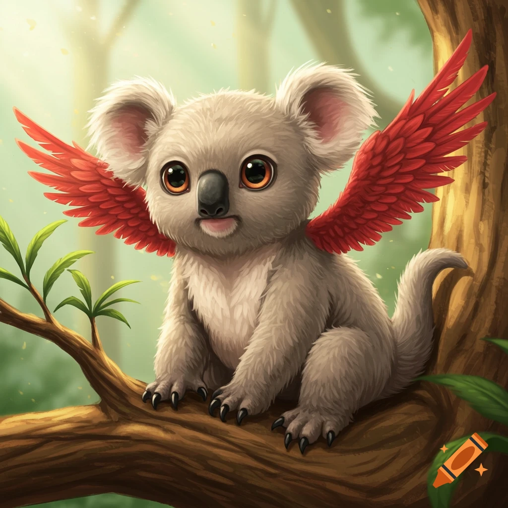 A cute koala-like creature with red wings and a tail sits on a tree ...